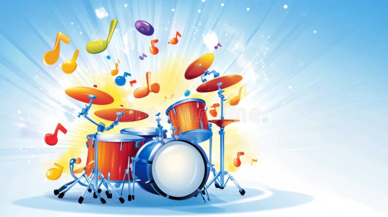 Drum Set Playing with Colorful Musical Notes Exploding on a Vibrant ...