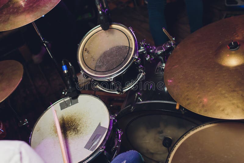 The Drum Set on the Stage. Drummer. View from Above. Stock Image ...
