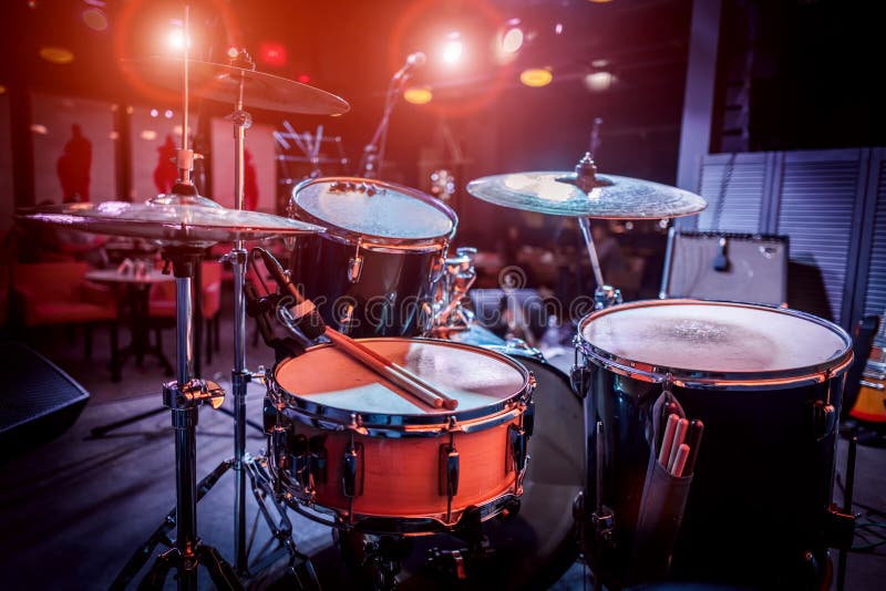 Drum on Stage. Rock Concert Stage with Musical Instruments in Nightclub ...