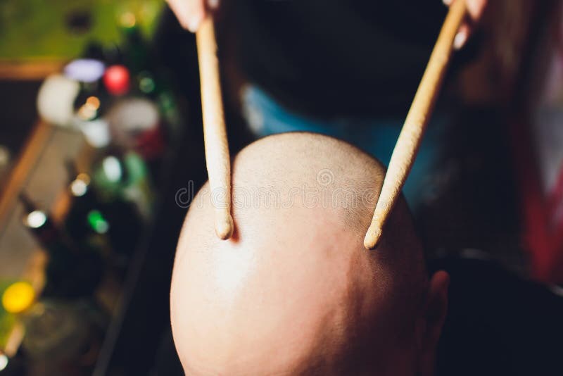 Drum Sticks, Human Head, Headache Concept, Bald. Stock Photo - Image of ...