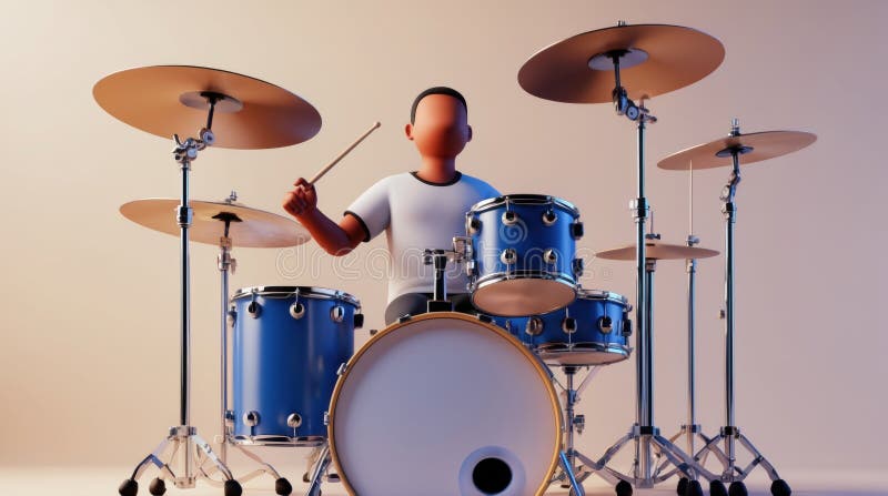Drummer in Action: Playing a Blue Drum Set with Cymbals and Sticks ...