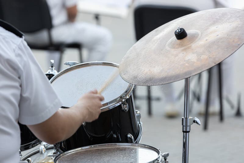 A Drummer on the Concert. Close Up Process Play on a Drums Stock Photo ...