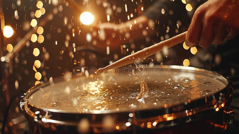 A Drummer Hitting a Wet Drum with Drumsticks, Creating Splashes. Stock ...