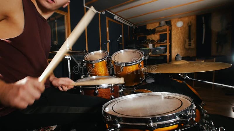 Drummer Passionately Plays Music on Wet Drums in Studio Stock Footage ...
