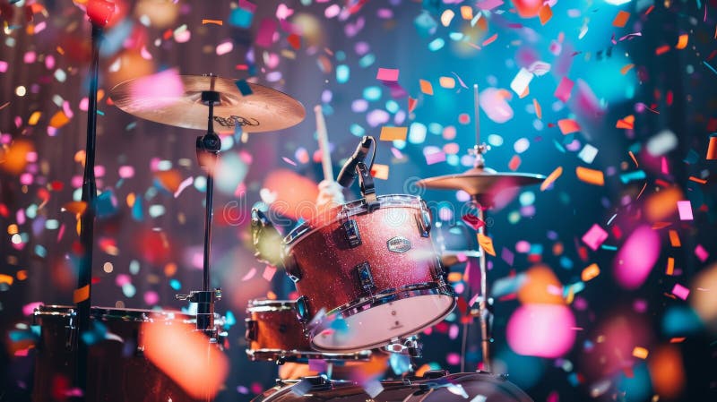 A Drummer is Playing in a Colorful Room with Confetti Falling Around ...