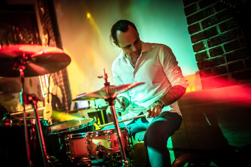 Drummer Playing on Drum Set on Stage. Stock Image - Image of club, jazz ...