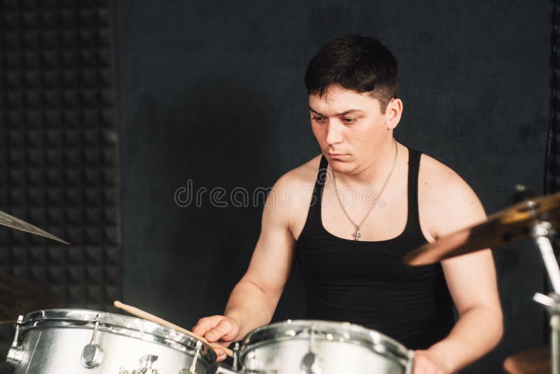 Drummer Plays on Drum Set Closeup Stock Photo - Image of artist, group ...