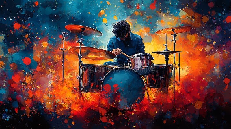 A Drummer Plays a Drum Set in Front of a Colorful Abstract Background ...