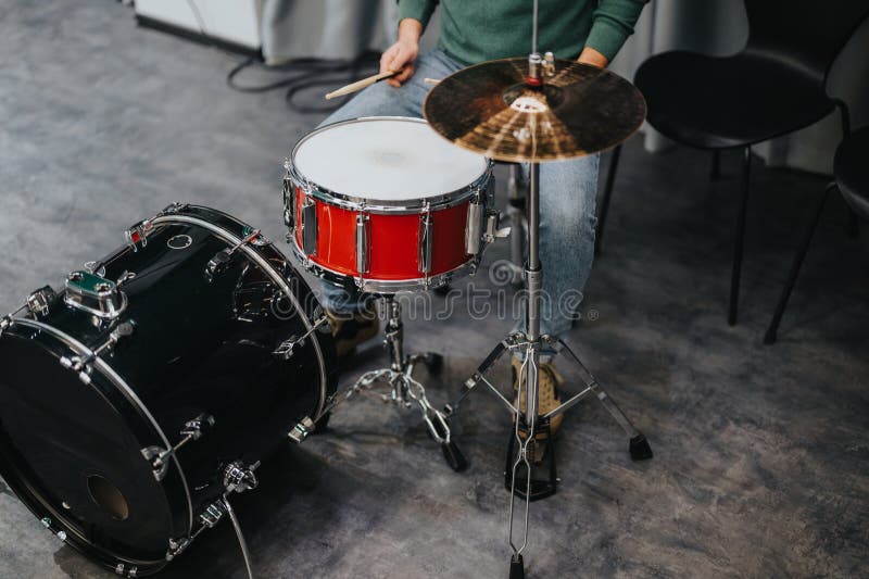 Drummer Practicing on a Drum Kit in a Music Studio Environment Stock ...