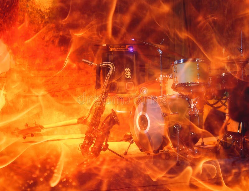 Drums and Saxophone in Pub. Fire Effect Stock Image - Image of ...