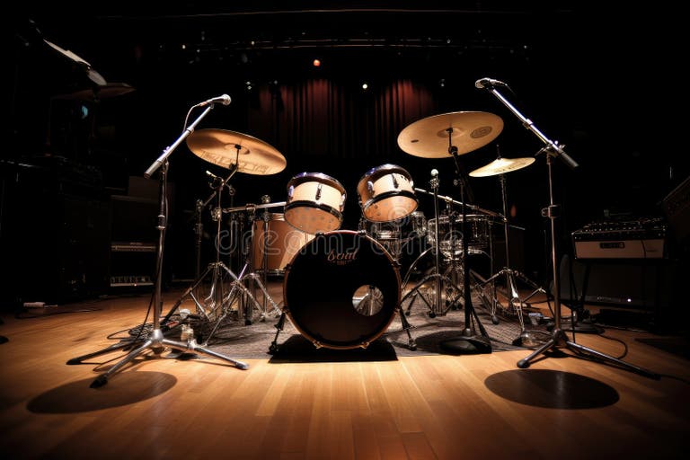Drumset on Stage, Ready for a Performance, with the Drummer in Full ...