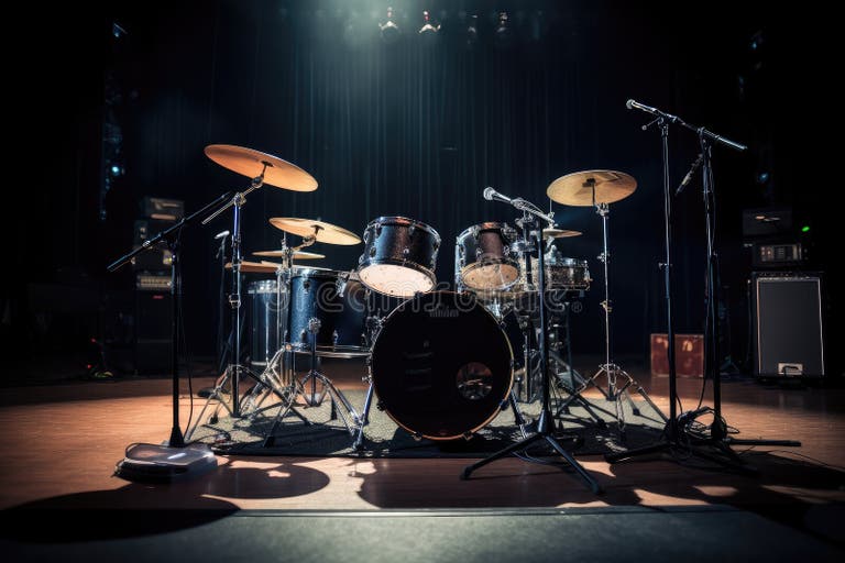 Drumset on Stage, Ready for a Performance, with the Drummer in Full ...
