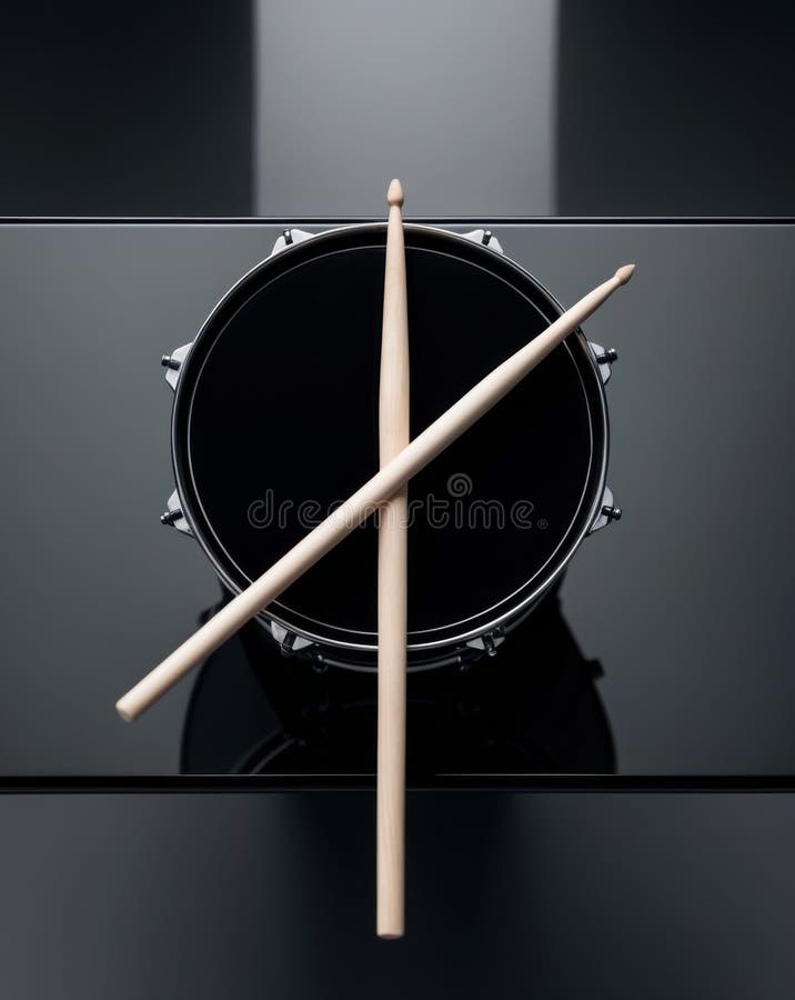 Drumstick and Drum on Black Table Top View Music Idea. Stock Image - Image of barrel, drumstick ...
