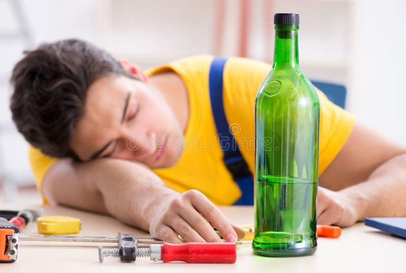 Drunk Engineer Working in the Workshop Stock Image - Image of addict ...