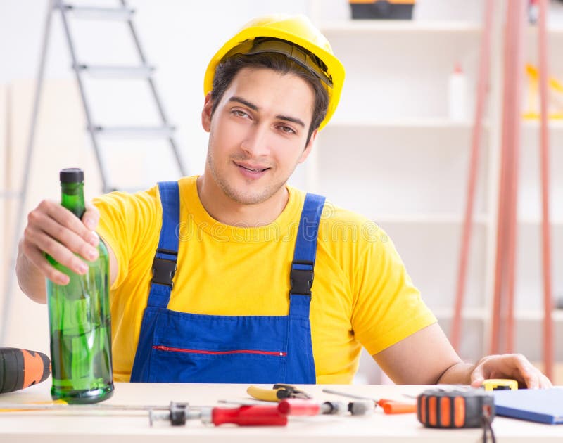 Drunk Engineer Working in the Workshop Stock Image - Image of hard ...
