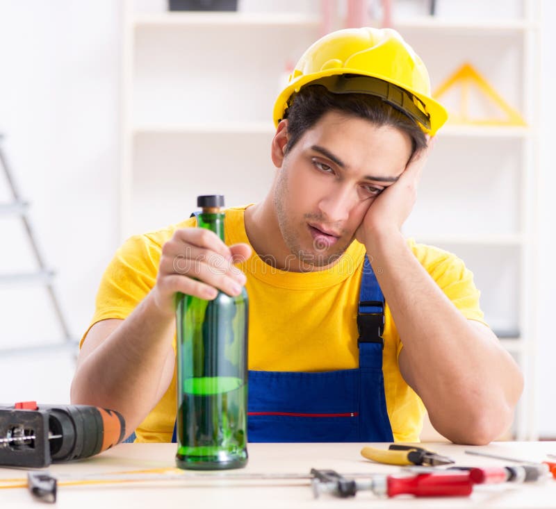 Drunk Engineer Working in the Workshop Stock Image - Image of bottle ...