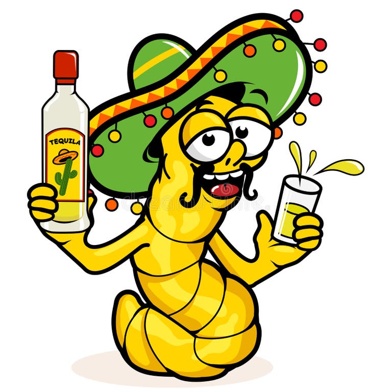 Mexican Cartoon Drunk Tequila Worm with Sombrero Hat Drinking a Bottle ...