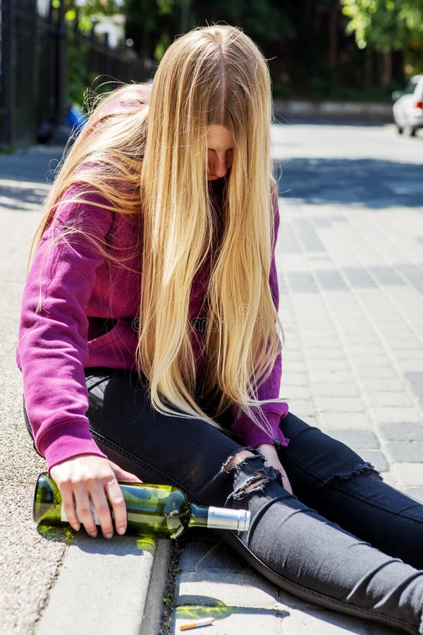 Drunk Young Woman with Bottle of Alcohol Stock Photo - Image of drunken ...