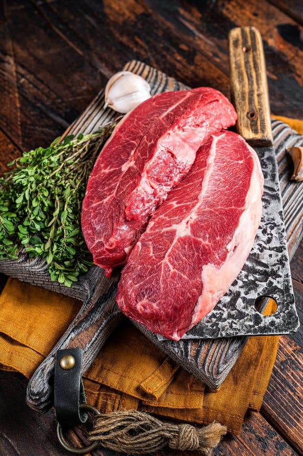 Dry Aged Raw Top Blade Beef Meat Steaks. Dark Background Stock Image ...