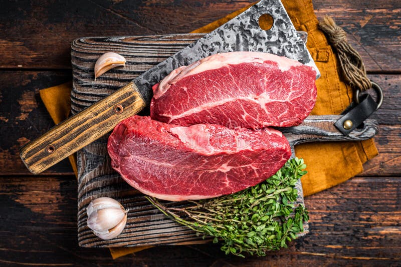 Dry Aged Raw Top Blade Beef Meat Steaks. Dark Background Stock Image ...