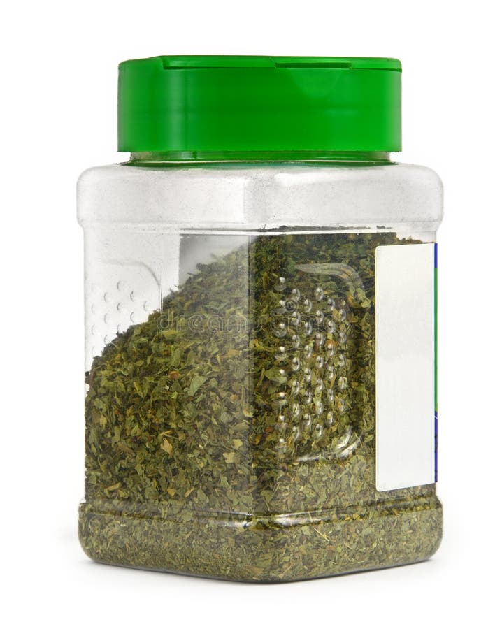 Dry basil in container stock image. Image of label, isolated - 6401467