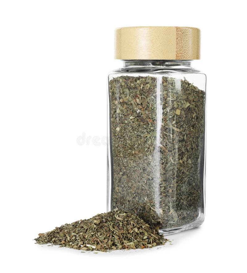 Dry Basil in Glass Jar Isolated on White Stock Photo - Image of color ...