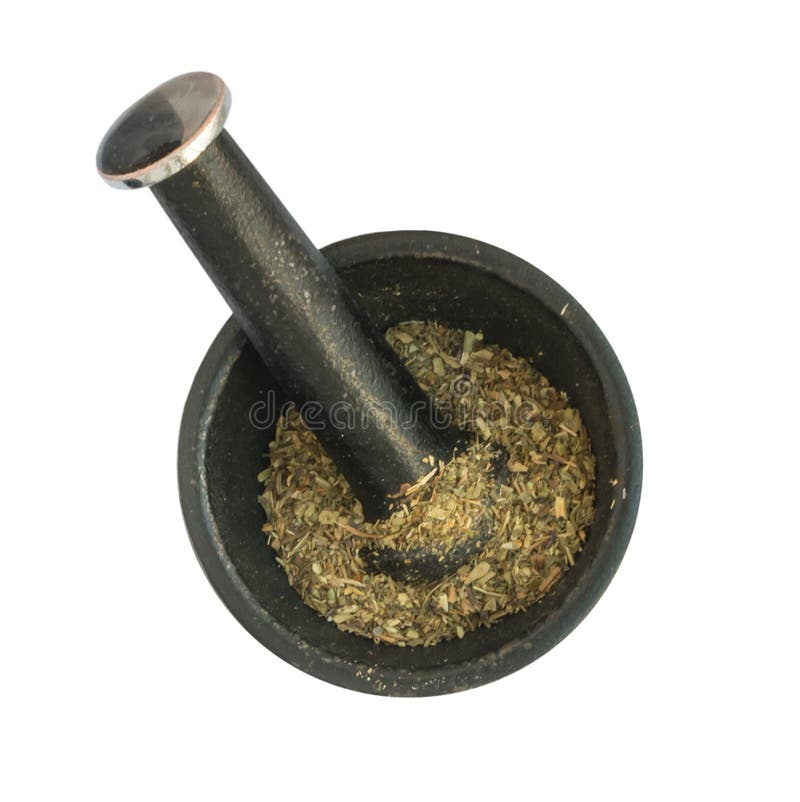 Dry Basil in a Mortar Round Isolated on White Background. Black Cup ...