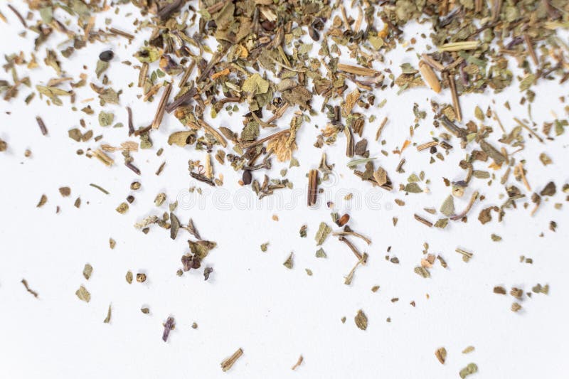 Dry Basil Spice Seasoning Macro Texture on White Background. Stock ...