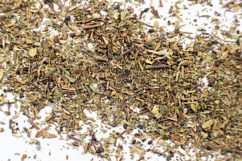 Dry Basil Spice Seasoning Macro Texture on White Background. Stock ...