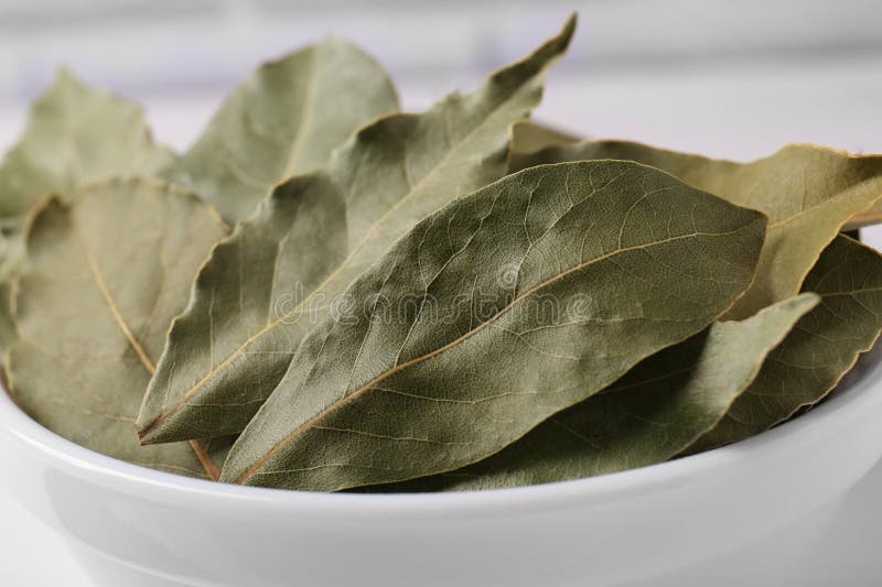 Dry Bay Leaves in White Bowl, Closeup Stock Image - Image of aromatic ...