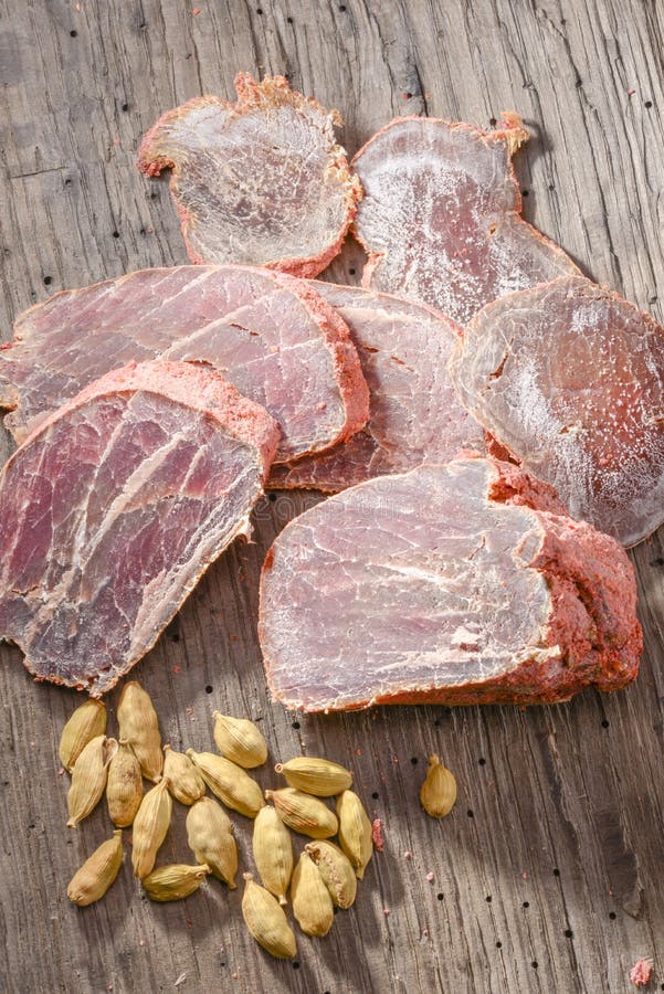 Dry Beef Meat on a Background Stock Photo - Image of snack, slice ...