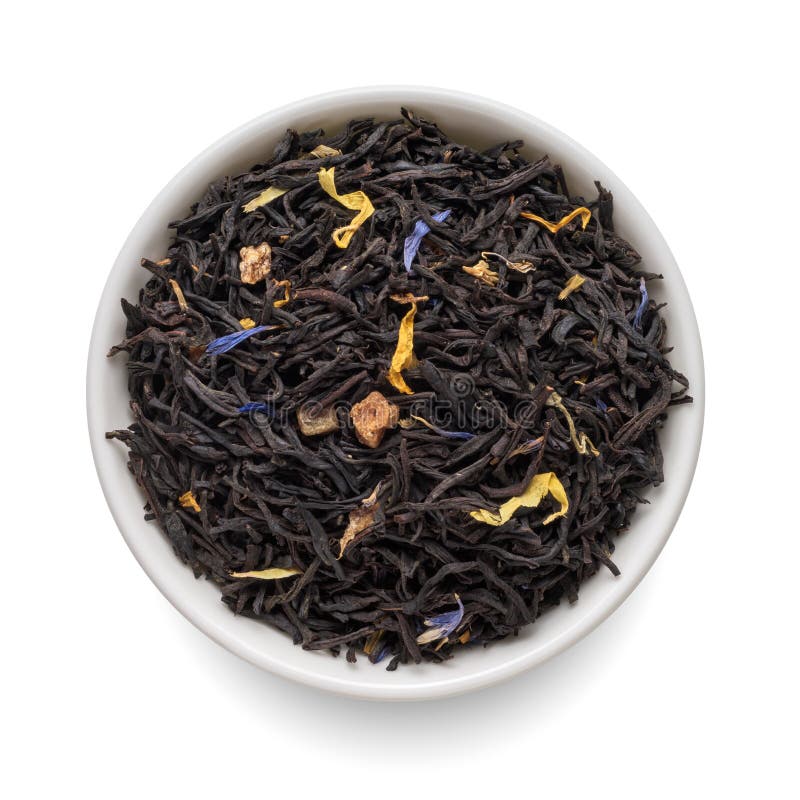 Dry Black Tea in Round Bowl Isolated on White. Top View Stock Photo ...