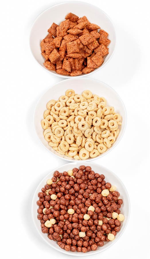 Dry Breakfast Cereals in Bowls on White Stock Image - Image of food ...