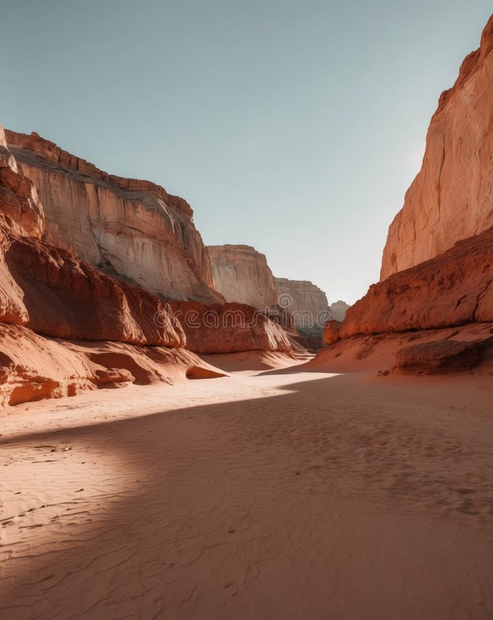 Dry Canyon Landscape with Rugged Cliffs and Sandy Floor Under Bright ...