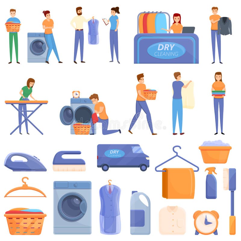 Dry Cleaning Icons Set, Cartoon Style Stock Vector - Illustration of ...