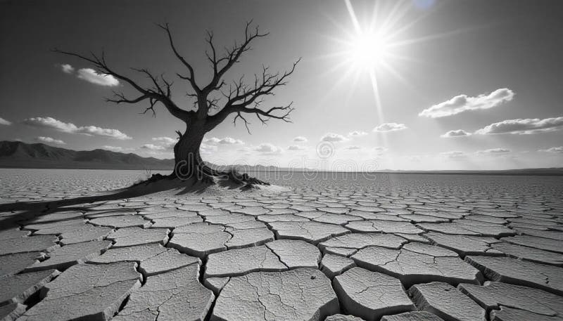 A Dry Cracked Desert Landscape with a Lone Dead Tree Under a Bright Sun ...