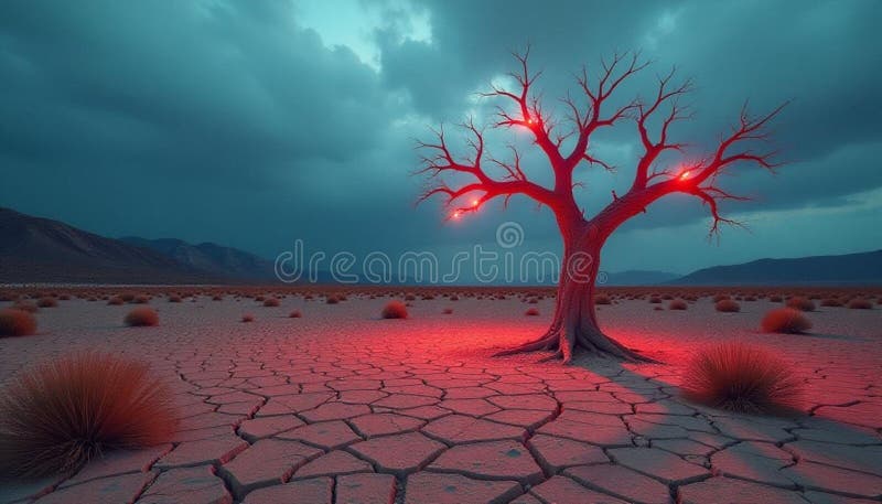 A Dry Cracked Desert Landscape with a Lone Dead Tree Under a Bright Sun ...