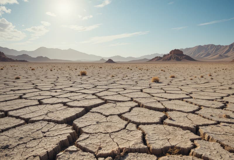 Dry Cracked Desert Landscape Under a Bright Sky. Stock Photo - Image of ...