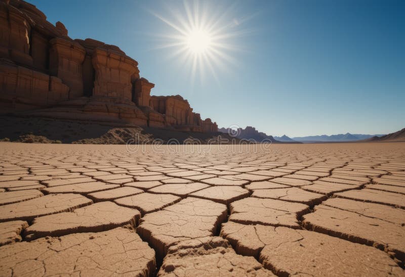 Dry Cracked Desert Landscape Under a Bright Sky. Stock Photo - Image of ...