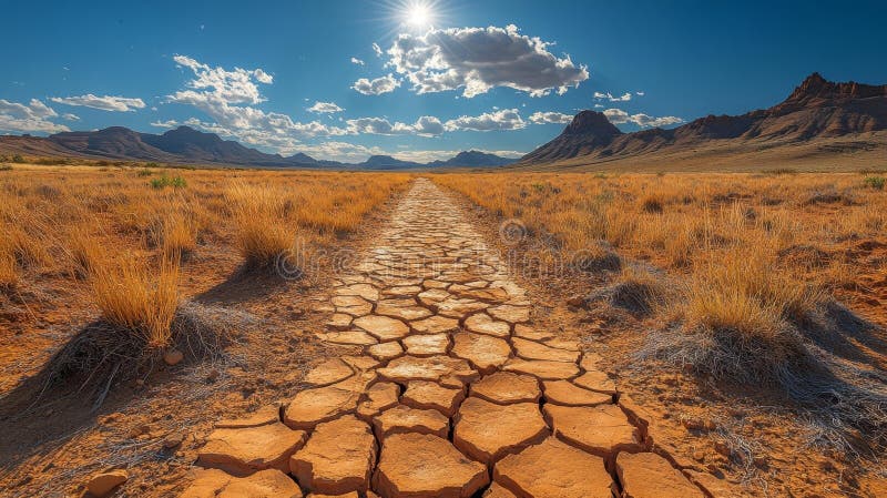 A Dry Cracked Desert Path Under the Bright Sunlight with Distant Hills ...