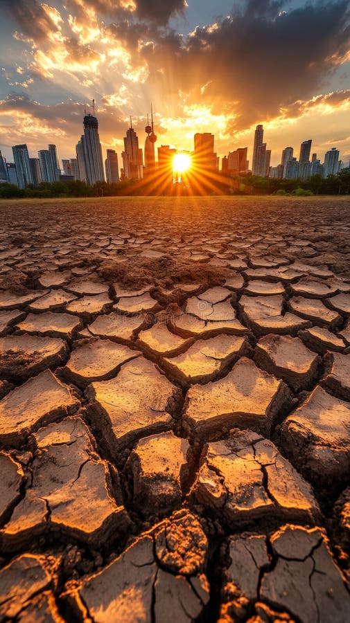 Dry Cracked Earth with City Skyline at Sunset Stock Illustration ...