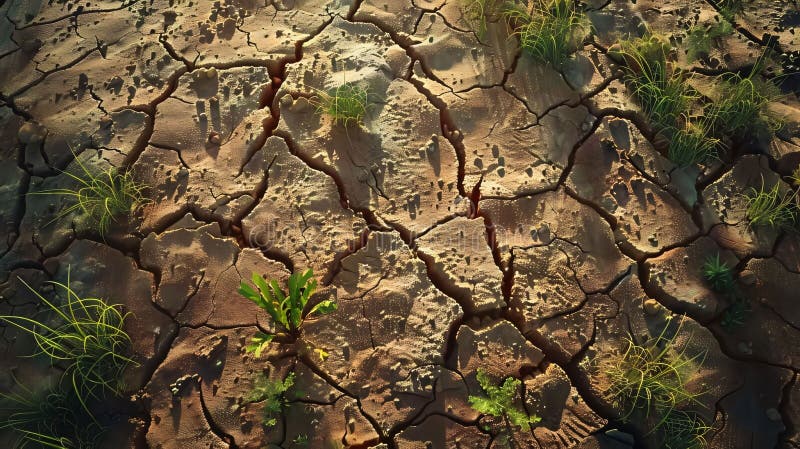 Dry Cracked Earth with Green Grass, 3d Render Illustration Stock ...