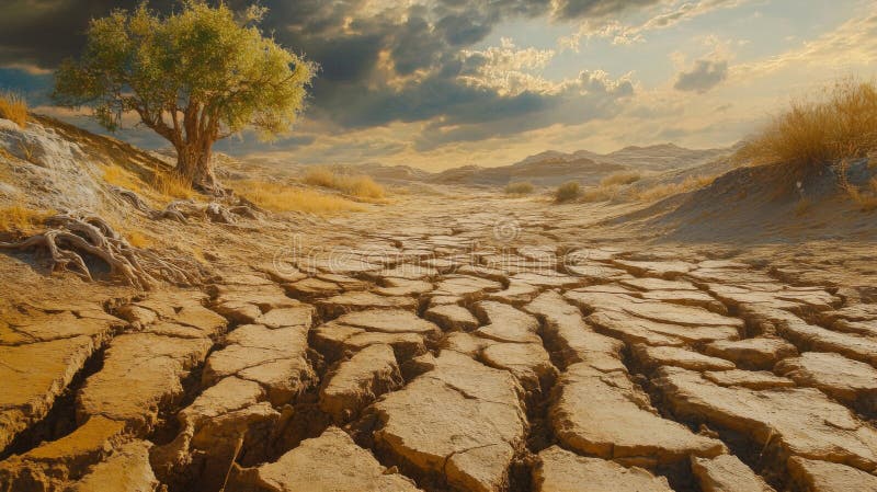 Dry Cracked Earth Landscape Under Dramatic Sky Stock Illustration ...
