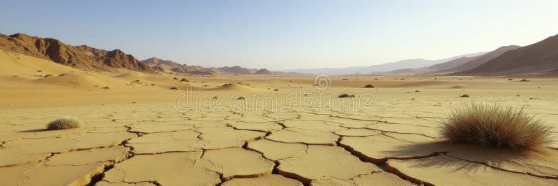 Dry Cracked Earth with Sparse Plants and Dunes, Desert Landscape, Dry ...