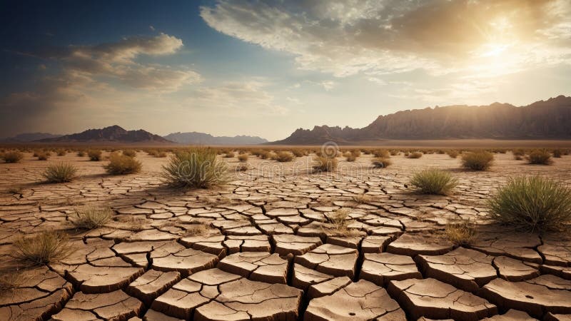 Desertification with Dry Cracked Earth and Sparse Vegetation Stock ...