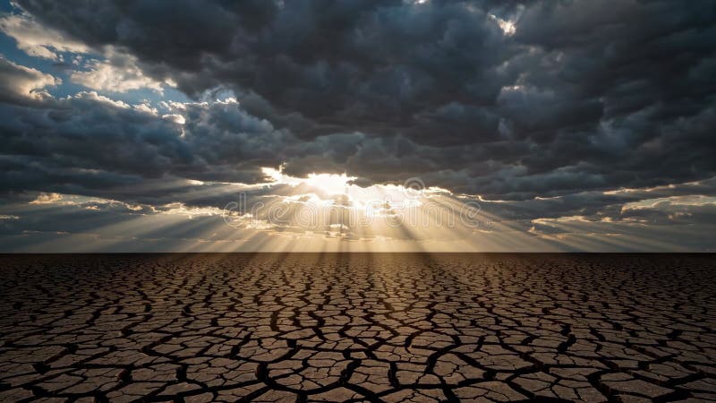 Dry Cracked Earth Under Dramatic Stormy Sky with Sun Rays, Climate ...