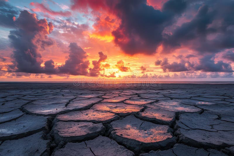Dry Cracked Earth Under Dramatic Sunset Sky Stock Image - Image of ...
