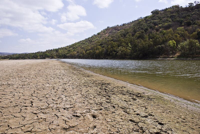 Dry Cracked Riverbed & River Stock Photo - Image of environment, lake ...