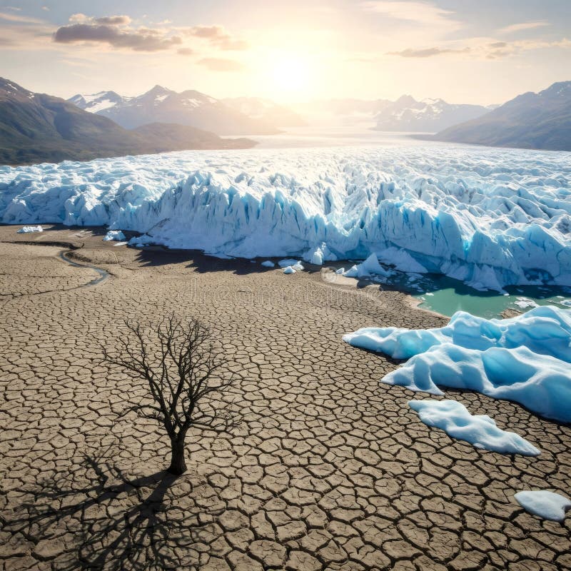 Dry Cracked Soil and Melting Glacier Showing Climate Change Effects ...