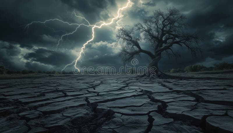 Dry Cracking Land and a Large Tree Struck by Lightning during a Storm ...